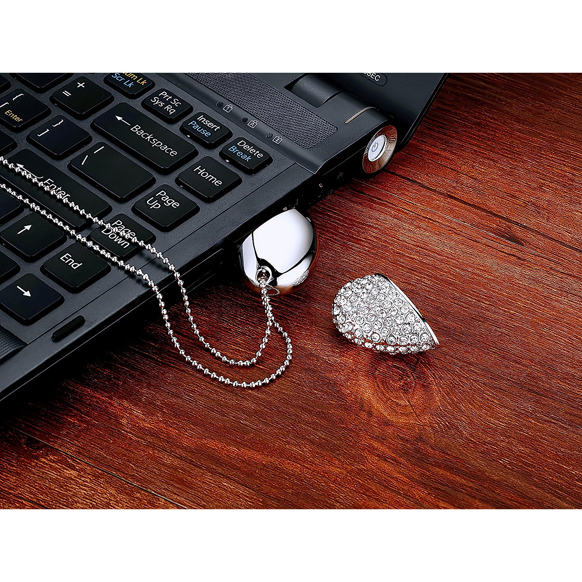 EcooDisk 128GB USB 3.0 Flash Drive Diamond Heart with Necklace Memory Stick High Speed Thumb Drive Jump Drive Data Storage Silver