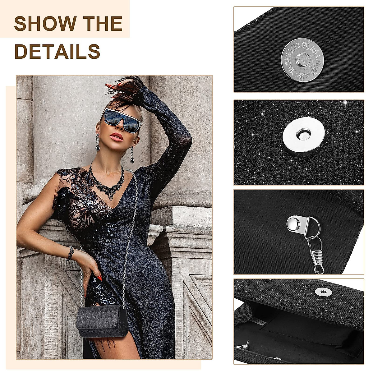 4 Pcs Women Rhinestone Jewelry Set Floral Wave Teardrop Crystal Wedding Necklace Earrings Floral Cluster Wave Bracelet Glitter Envelope Evening Bag Handbag Party Bridal Purse (Simple Style)