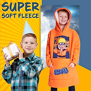 Naruto Fleece Hoodie Blanket for Boys and Teenagers - One Size Kids Oversized Hoodie with Sherpa Lining Gifts for Boys Orange