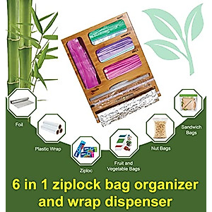 Plastic Wrap Dispenser with Cutter and Ziplock Bag organizer,6 IN 1 Bamboo Foil and Plastic Wrap Organizer for Kitchen Drawer & Wall Mount,Ziplock Bag Storage Organizer for Gallon,Quart,Sandwich,Snack