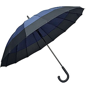 Kung Fu Smith Men Auto Open Stick Umbrella for Rain and Sun, Patchwork Blue and Black Umbrella Canopy, Hook Handle