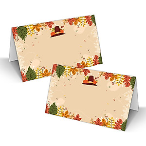Fall Thanksgiving Table Place Cards, Orange Pumpkin Blank Seating Place Card for Table, 25 Pack Buffet Food Tent Labels, Double Design Name Cards, Thanksgiving Day Party Decorations(04)
