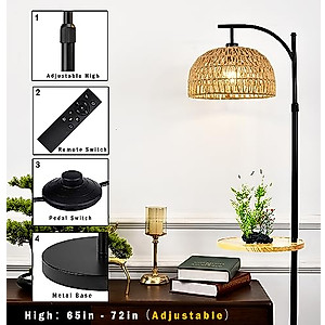 QIYIZM Floor Lamp for Living Room Bedroom with Table Shelves,Rattan Boho Arc Floor Lamps with Remote Dimmable Farmhouse Wood Shelf Attached Standing Lamp Wicker Bamboo Tall Lamp Floor Light Bohemian