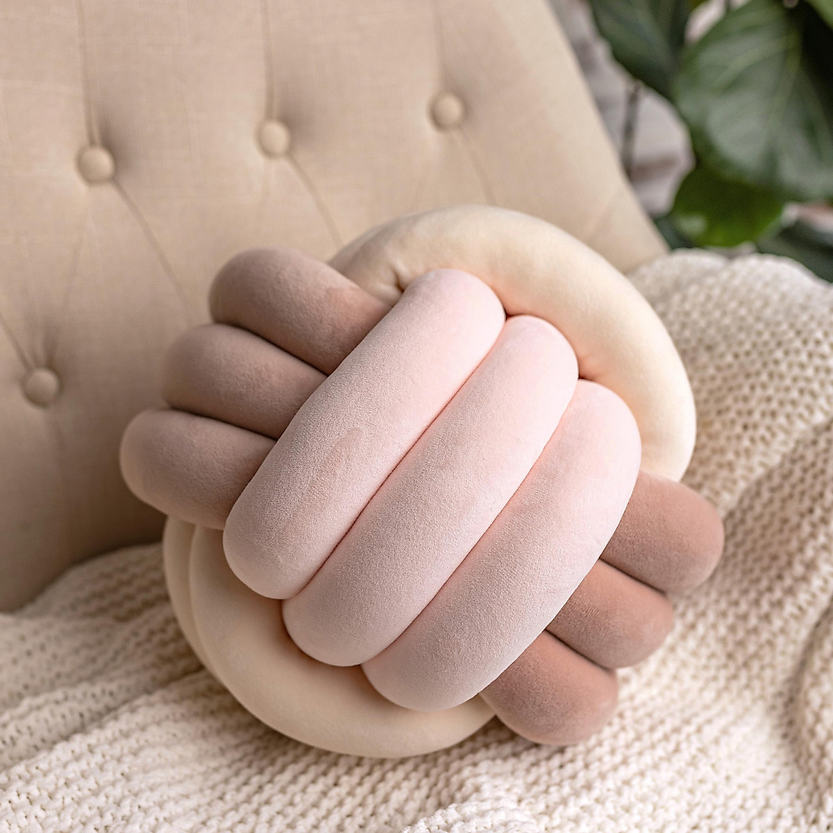 DOMARIE Large Pink Knot Pillow Ball | 10" Cozy & Plush Knot Throw Pillow | Sensory Knotted Pillow for Stress Relief | Knot Ball Pillow for Kids & Adults | Plush Velvet Knot Pillows (Neapolitan)