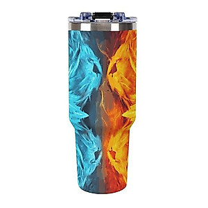 FJWKLRBV Fire Vs Ice Art 40 Oz Water Bottle, Stainless Steel Tumbler with Handle And Straw, Extra Large Insulated Tumbler, Flip Straw Tumblers for Sports, Work, Car, Travel And Weekends