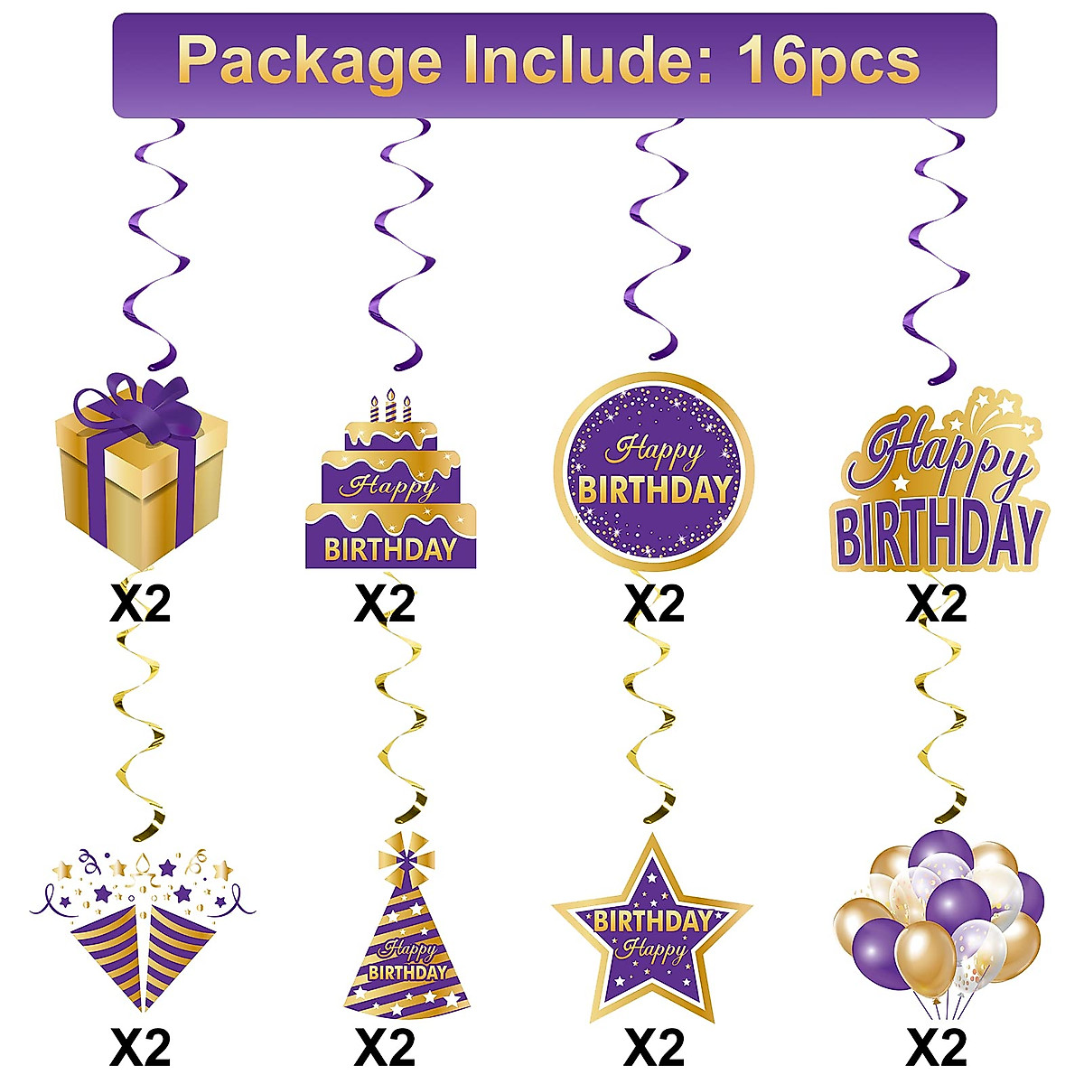 Purple Gold Birthday Hanging Swirls Decorations for Women Girls, Purple Happy Birthday Foil Swirls Party Supplies, 10th 16th 21st 30th 40th 50th 60th Bday Ceiling Sign Decor