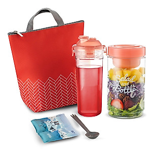 Komax Lunchmate Insulated Lunch Bag Set – Thermal Lunch Box for Women + Salad Container for Lunch + Fruit Infuser Water Bottle + Spoon & Fork + Ice Packs for Lunch Bag (Red)