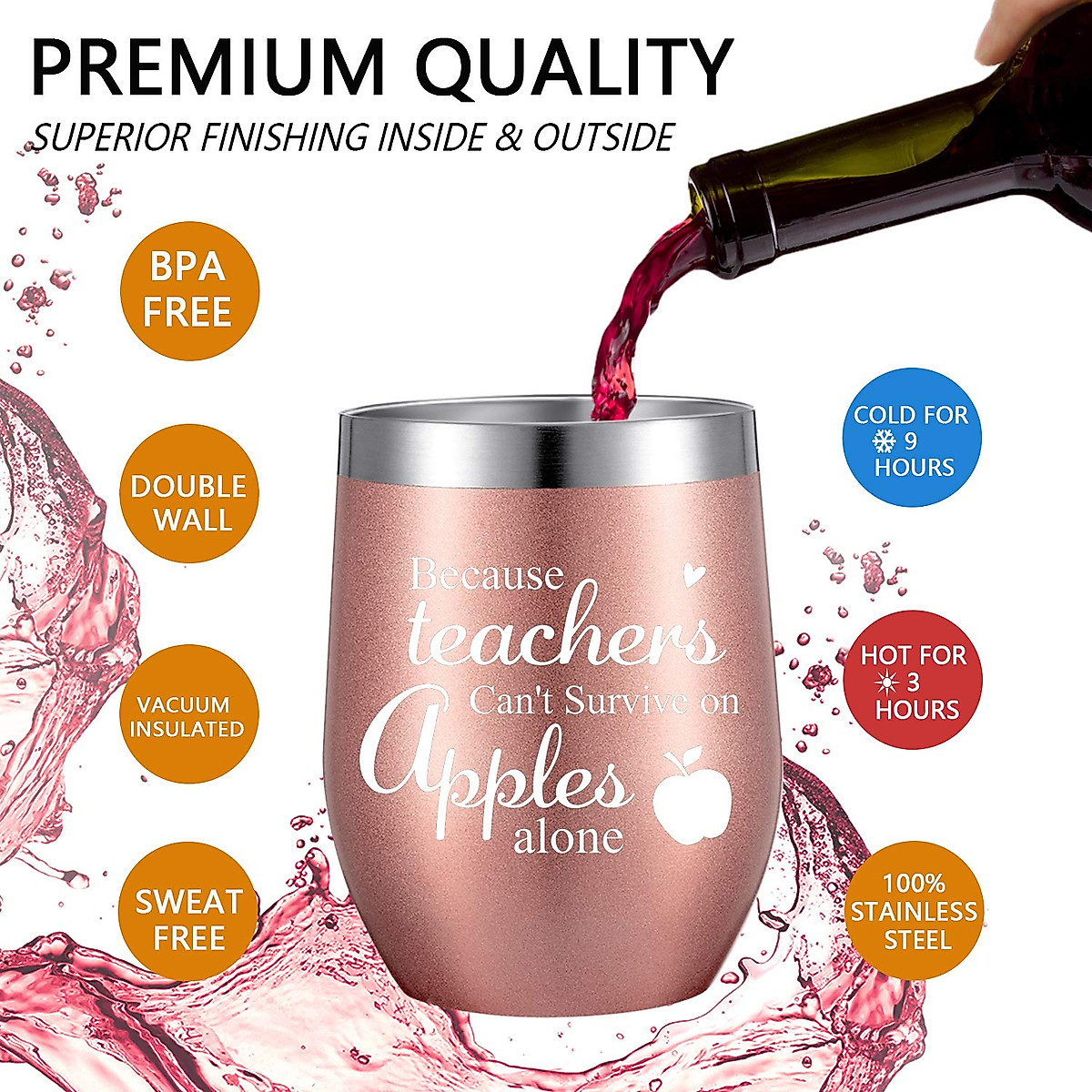 2 Pieces Teacher Can't Survive on Apples Alone, Thank You Teacher Appreciation Gift for Women Funny Birthday Christmas Thanksgiving Teacher Gifts 12 oz Wine Tumbler with Straw and Cleaning Brush