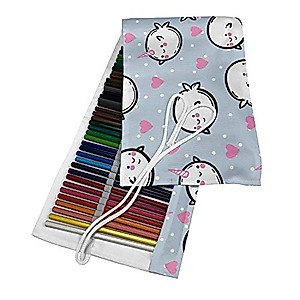 Ambesonne Narwhal Roll Up Pencil Holder, Cartoon Styled Whales with Polka Dots and Hearts Background Doodle Design, Painting Drawing Pencils Case for Artists Students, 36 Loops, Blue Pink