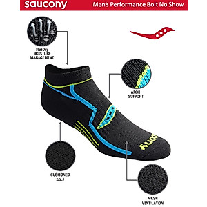 Saucony Men's Rundry Bolt Performance No-Show Socks, Available in M-XXL (6, 12, 18, Black (6 Pairs), XX-Large