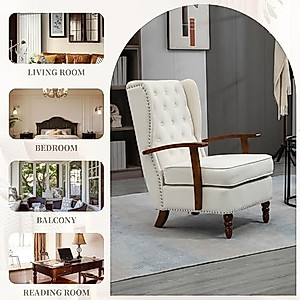 MOONMISS Mid-Century Accent Chair - Velvet Accent Chair with Wood Frame, Comfy Accent Chair with Soft Seat for Living Room, Bedroom, Office, Beige