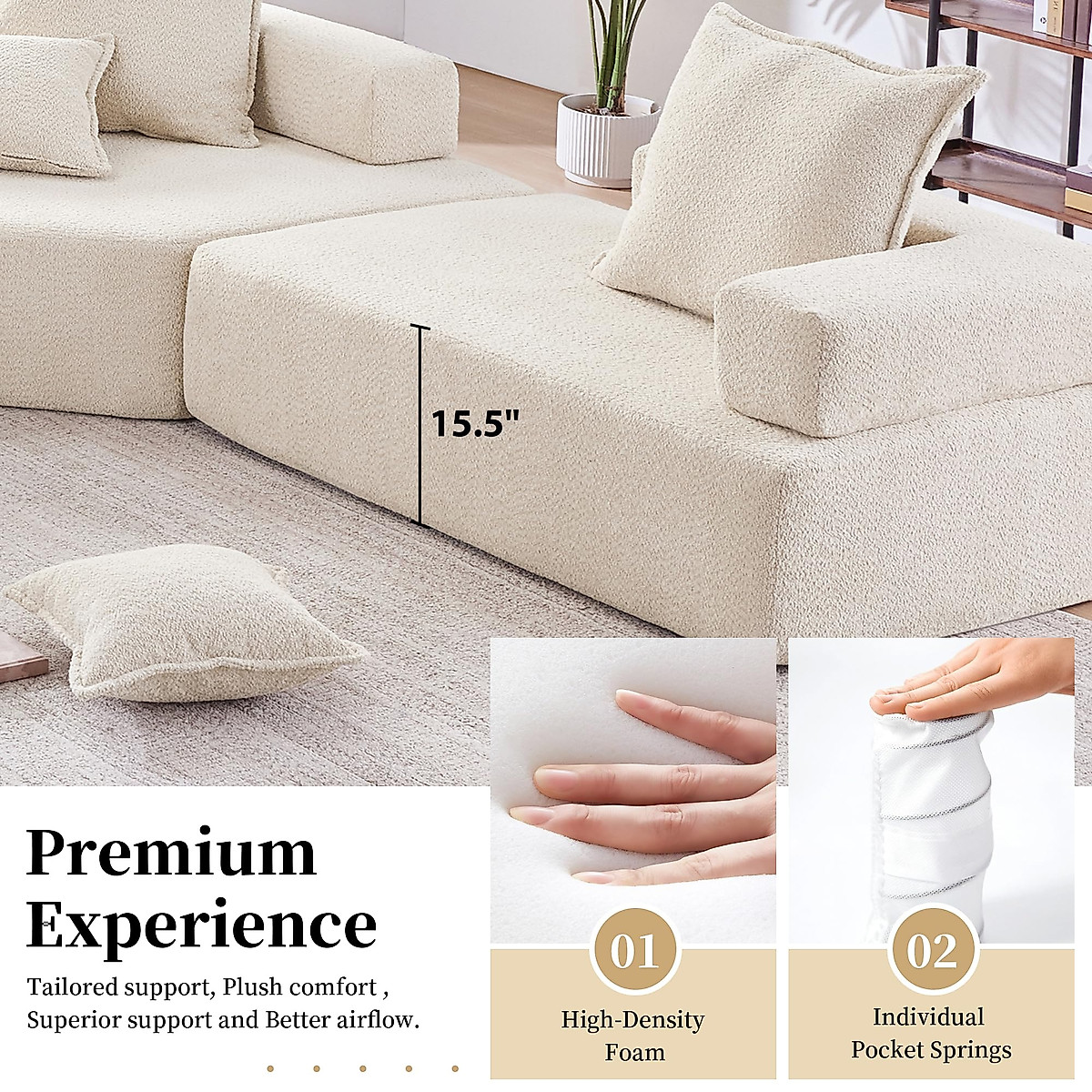 FREESNOOZE Oversized Modular U Shaped Sectional Sofa, Modern Minimalist Boucle Sofa for Living Room, 4PC Free Combination, Beige