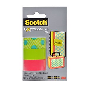 Scotch Expressions Magic Tape/ 3/4 x 300 Inches/Blue Green/Green/Salmon/ 3-Rolls/Pack (C214-3PK-7)