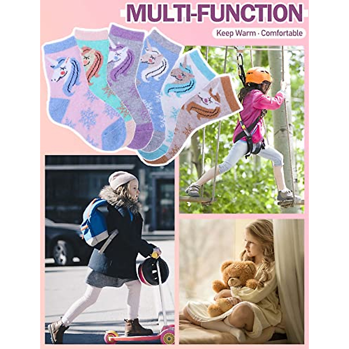 Anlisim Kids Wool Hiking Socks Toddlers Boys Girls Warm Winter Thermal Thick Heavy Crew Boot Cozy Child Gift Cabin Socks Stocking Stuffers 6 Pack(Unicorn C,8-12 Y)