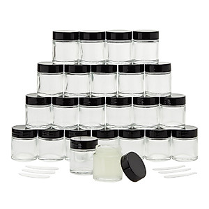 Juvale 24 Pack Small Glass Containers with Lids 1 oz, Empty Jars with 6 Spatulas for Creams, Cosmetics, DIY Ointments, Mixing (30ml)