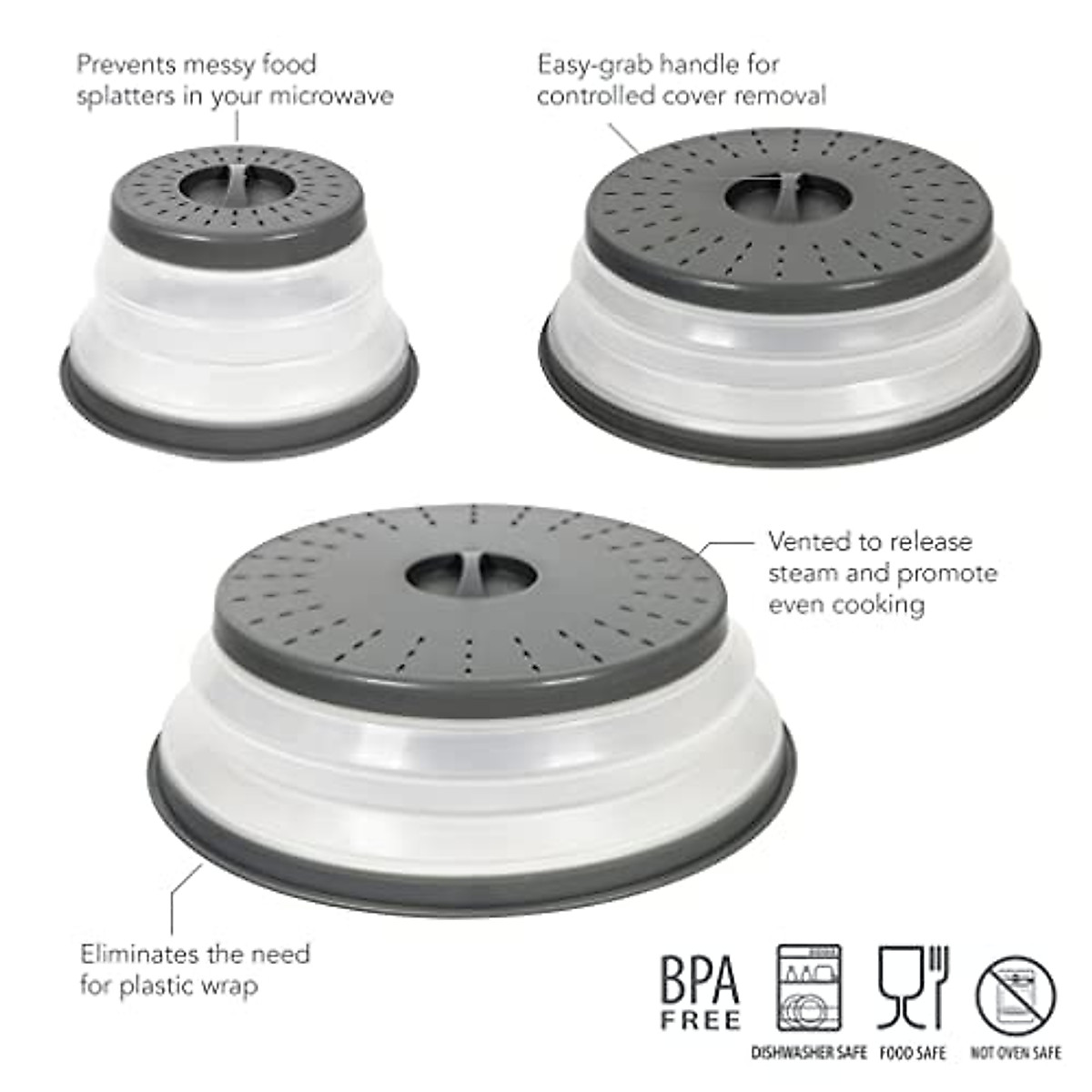 Tovolo 47006-200 Set of Three Collapsible Microwave, Lid for Reheating Food, Meal Prep Gadget, No Mess Folding Plate Cover Kitchen Tool, Set of 3, Charcoal, 3 Count
