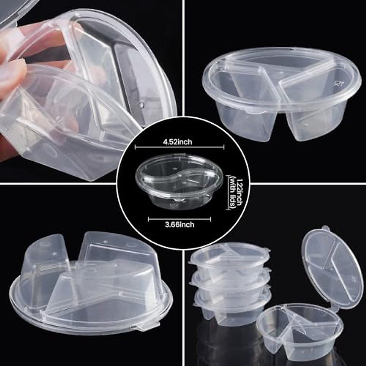 30PCS Three Compartment Condiment Container,CXKEJI Reusable 2 Compartment Snack Containers, Disposable Double Condiment Containers with Lids Perfect for To-go Condiments Sauce or Dips