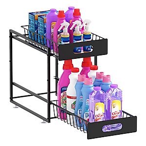 AIKEXIN Under Sink Organizers and Storage, 2 Tier Pull Out Sliding Cabinet Basket Organizer, Metal Cabinet Organizer & Storage Shelves for Kitchen Bathroom (Black)