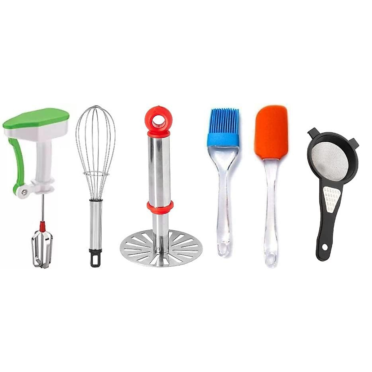 OMORTEX Maharaja Combo Of Manual Hand Blender, Whisk, Stainless Steel Masher, Spatula With Brush & 2 in 1 Strainer-Greater (Pack Of 6)