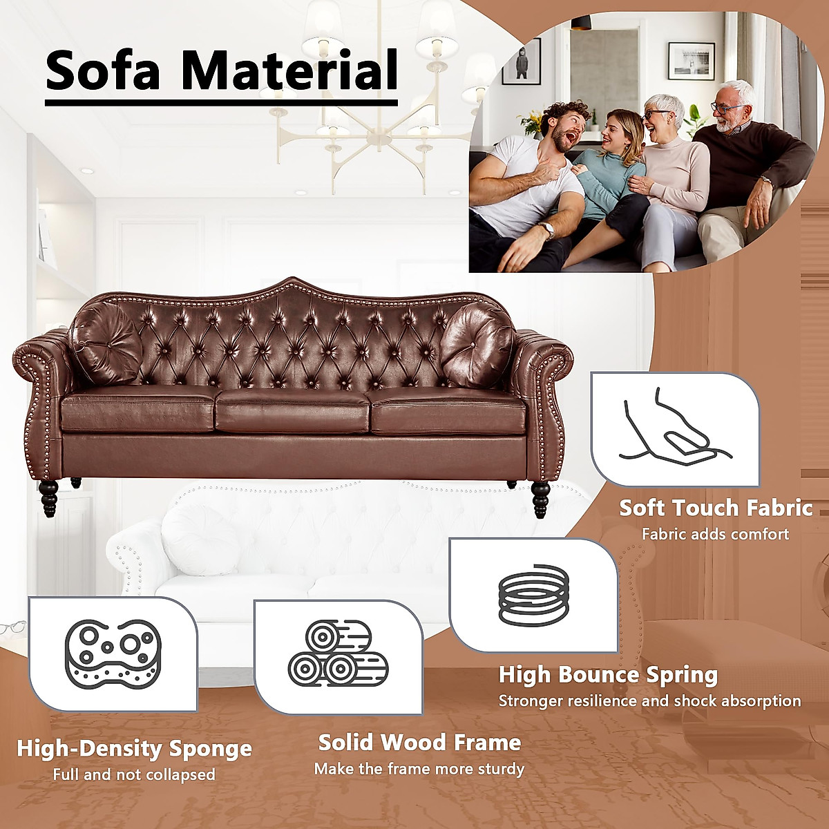 AVZEAR 82" Three Seater Sofa, Chesterfield Sofa, Mid-Century Modern PU Upholstered Sofa, Deep Button Tufted Living Room Sofa with Two Throw Pillows, Brown