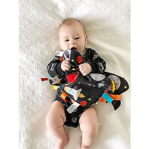 Baby Sensory, Security & Teething Closed Ribbon Tag Lovey Blanket with Minky Dot Fabric: 14X18 (Outer Space)