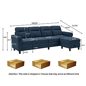 Jarenie 107" Convertible Sectional Sofa, 4-Seat L Shaped Couch with Storage Chaise and Side Pocket, Modern Linen Fabric Sectional Couches for Living Room, Dark Blue
