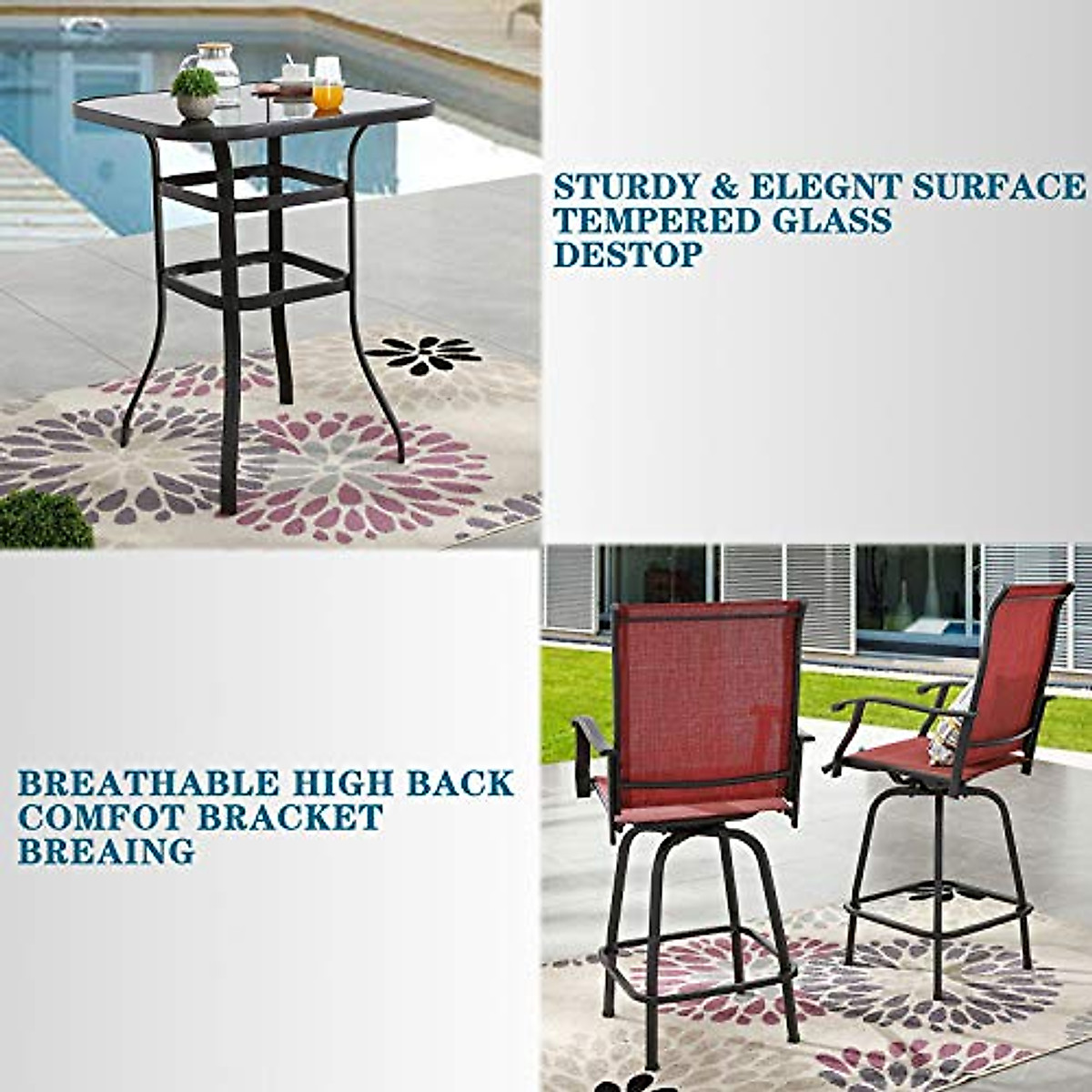 Festival Depot 2pcs Patio Dining Set Bar Height Stools Swivel Chairs with Armrest All Weather Metal Outdoor Furniture for Bistro Yard (Red)