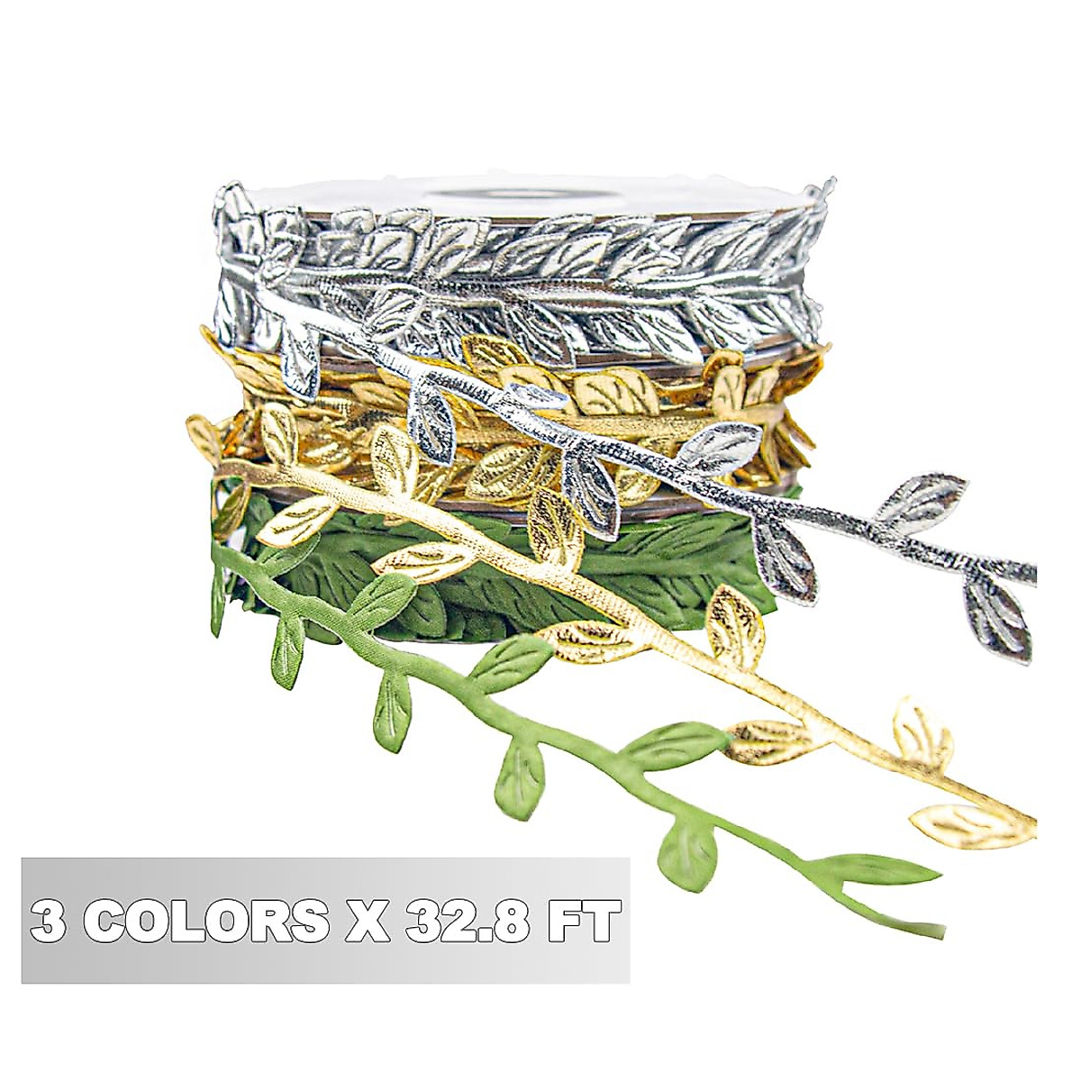 Elane 3 Rolls 10 Yards Decorative Ribbon,Gold Ribbon for Gift Wrapping Ribbon Green Ribbon for Gift Wrapping,Green Leaf Ribbon