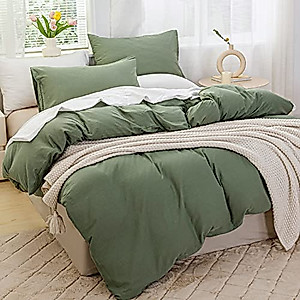 JELLYMONI Green 100% Washed Cotton Duvet Cover Set, 3 Pieces Luxury Soft Bedding Set with Zipper Closure. Solid Color Pattern Duvet Cover Queen Size(No Comforter)