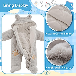 Fairy Baby Newborn Baby Winter Snowsuit Bear One-Piece Hooded Romper Footie Fleece Jumpsuit Infant Girl Boy Grey 3-6M