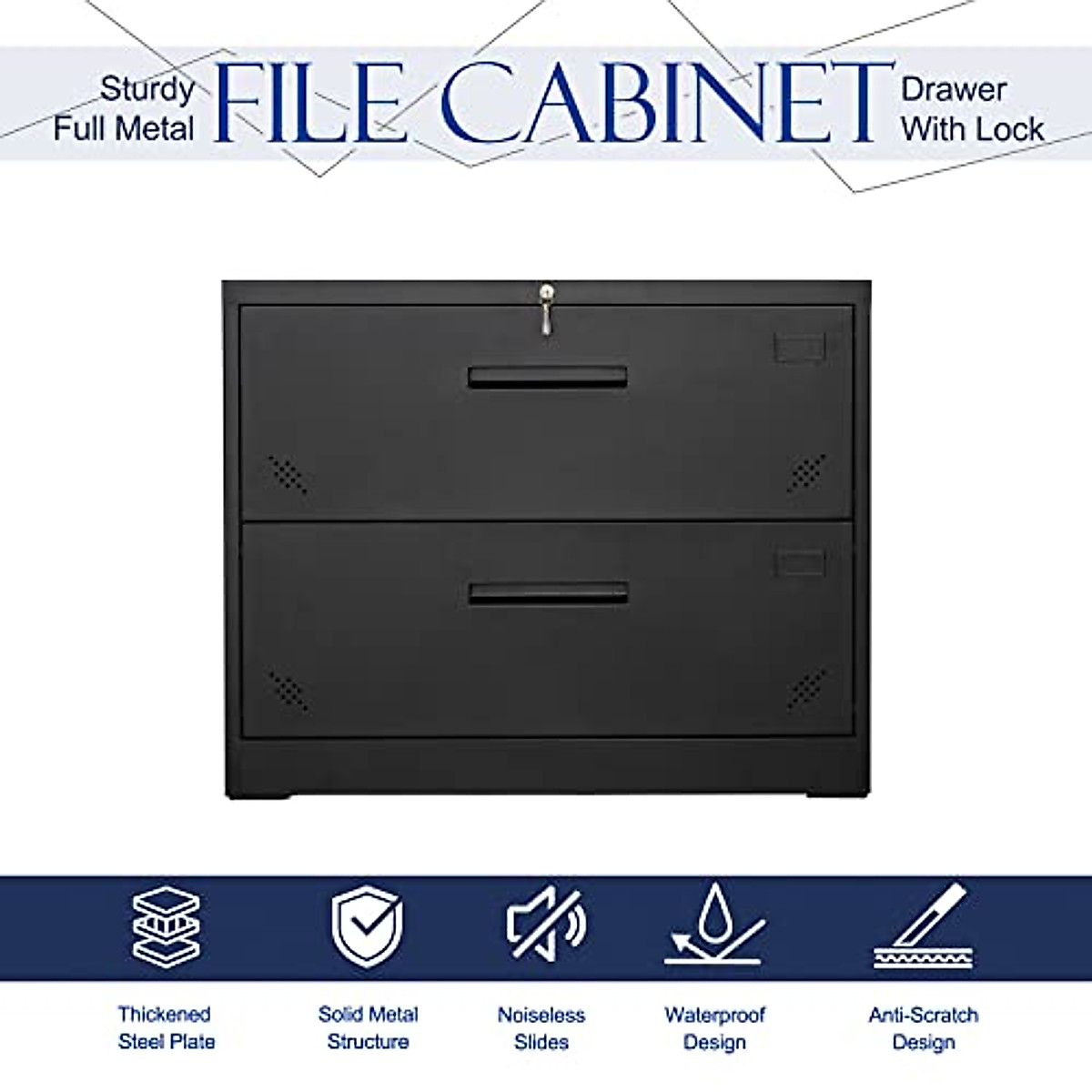 2 Drawer Lateral File Cabinet for Home Office, Filing Cabinets with Lock, Solid Stainless Steel Metal Storage Cabinet for Hanging Legal/Letter/F4/A4 Size Files, Assembly Required (Black)