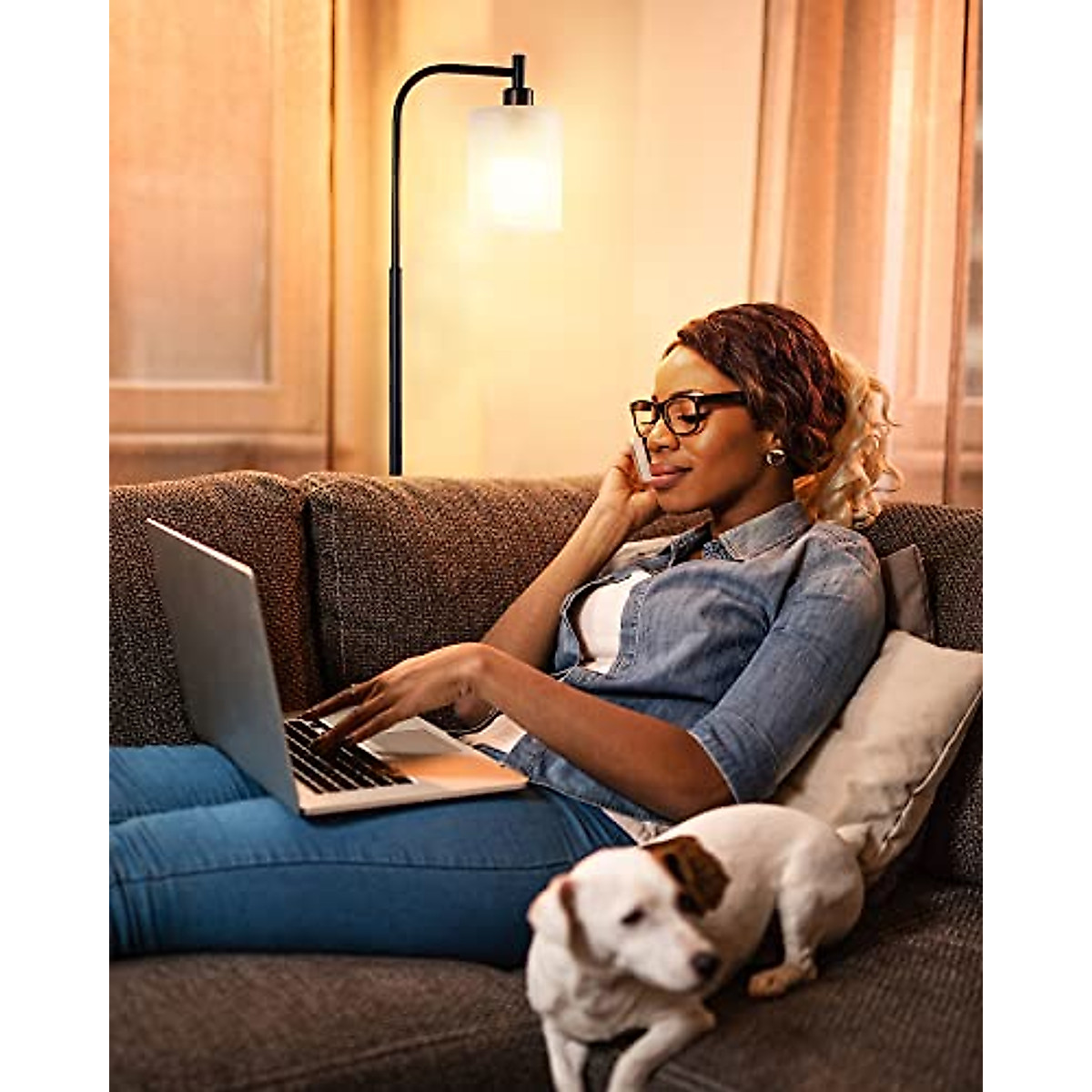 Industrial LED Floor Lamp with Hanging Frosted Glass Shade, Modern Standing Lamp with Smart Bulb, Remote Control, Dimmable, Tall Pole Lamp for Bedroom Living Room Office Farmhouse, Matte Black