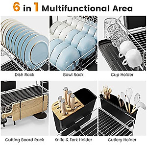 GOFLAME Dish Drying Rack with Drainboard, 2-Tier Detachable Dish Rack with 360°Swivel Spout, Utensil Holder, Cup Holder, Large Capacity Dish Drainer Set for Kitchen Counter