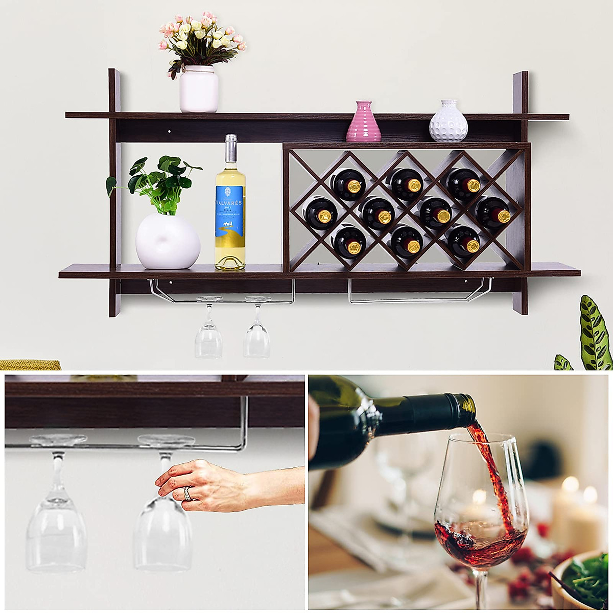 Giantex Wall Mounted Wine Rack Organizer W/Metal Glass Holder & Multifunctional Storage Shelf Modern Diamond-Shaped Wood Wine Server for 10 Bottles Wine Storage Display Rack (Black Walnut)