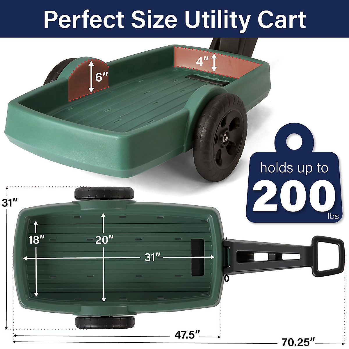 Simplay3 Yard and Garden Outdoor Cart - Long Handle Easy Turn 2 Wheel Heavy Duty Plastic Pull Cart for The Backyard 42 in. x 20 in. x 4 in. Bed, Green