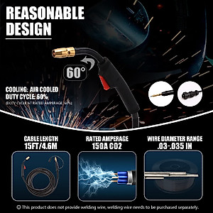 MULMART 15FT M-150 M-15 M15 M150 MIG Welding Gun Welding Torch Stinger Replacement for Miller 150A,Millermatic 90, 35/120 / 130 / 130XP /135 / 140s / 150/175 / 180s /185,Hobart IronMan 210