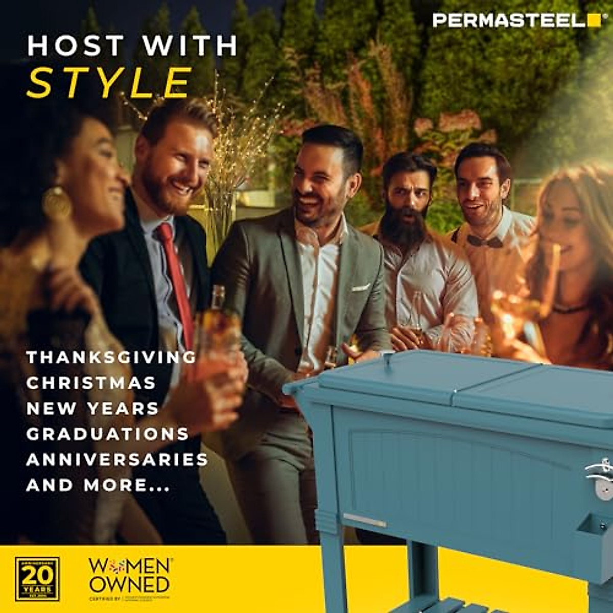 Permasteel 80-Qt Antique Patio Cooler for Outside | Outdoor Beverage Cooler Bar Cart, Rolling Cooler with Wheels and Handles, Wooden Teak Accent, Teal Blue-Green