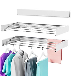 Rimyew Wall Mounted Drying Rack, Laundry Drying Rack Collapsible, Retractable Clothes Drying Rack - 31.5" Wide, 5 Aluminum Rods, 60 lb Capacity, Towel Drying Rack with Wall Template, White