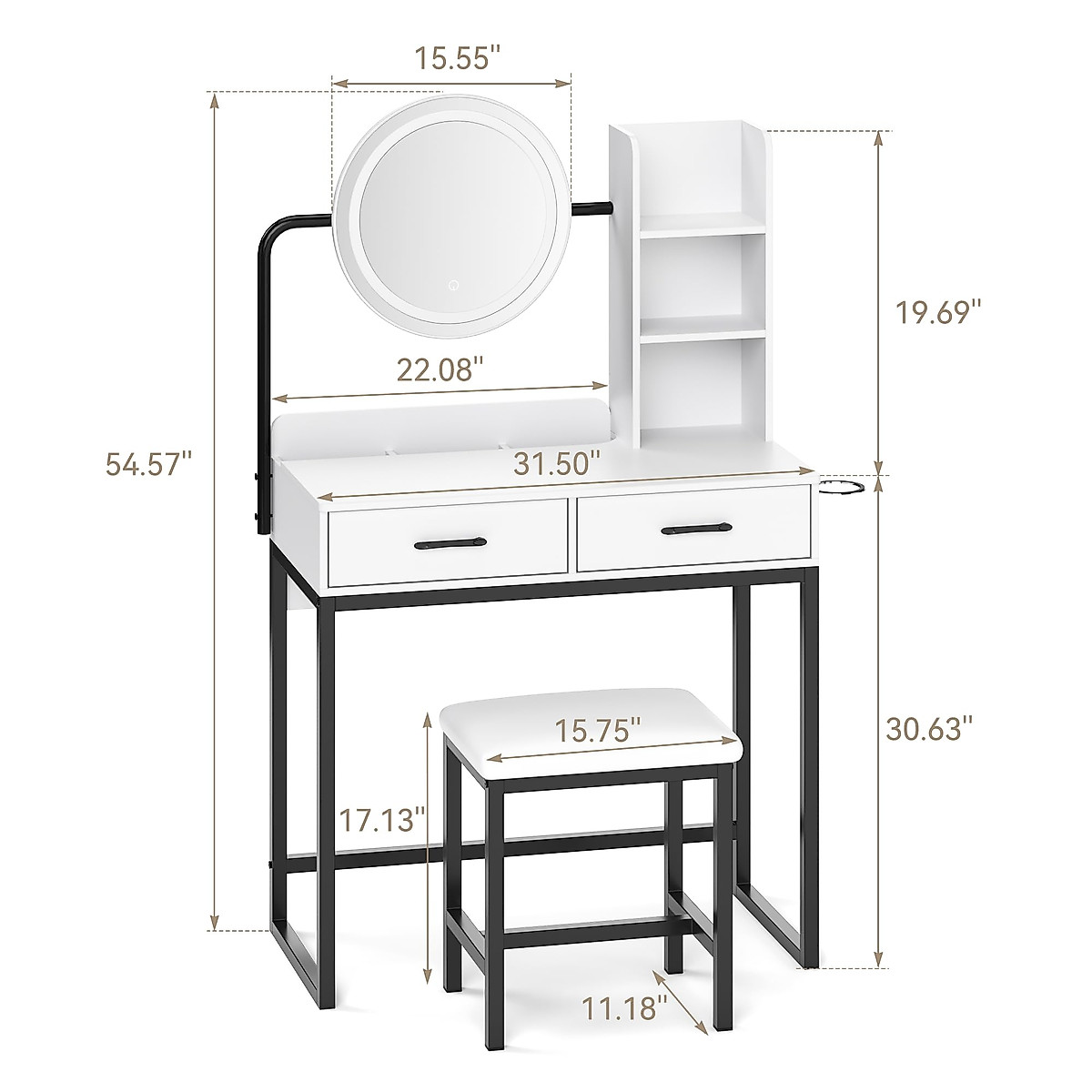 Dowinx Vanity Desk with LED Lighted Mirror & Power Outlet, White Vanity Desk with Adjustable 3 Lighting Modes, Small Vanity Desk for Bedroom, Makeup Vanity with Chair for Girl, White and Black