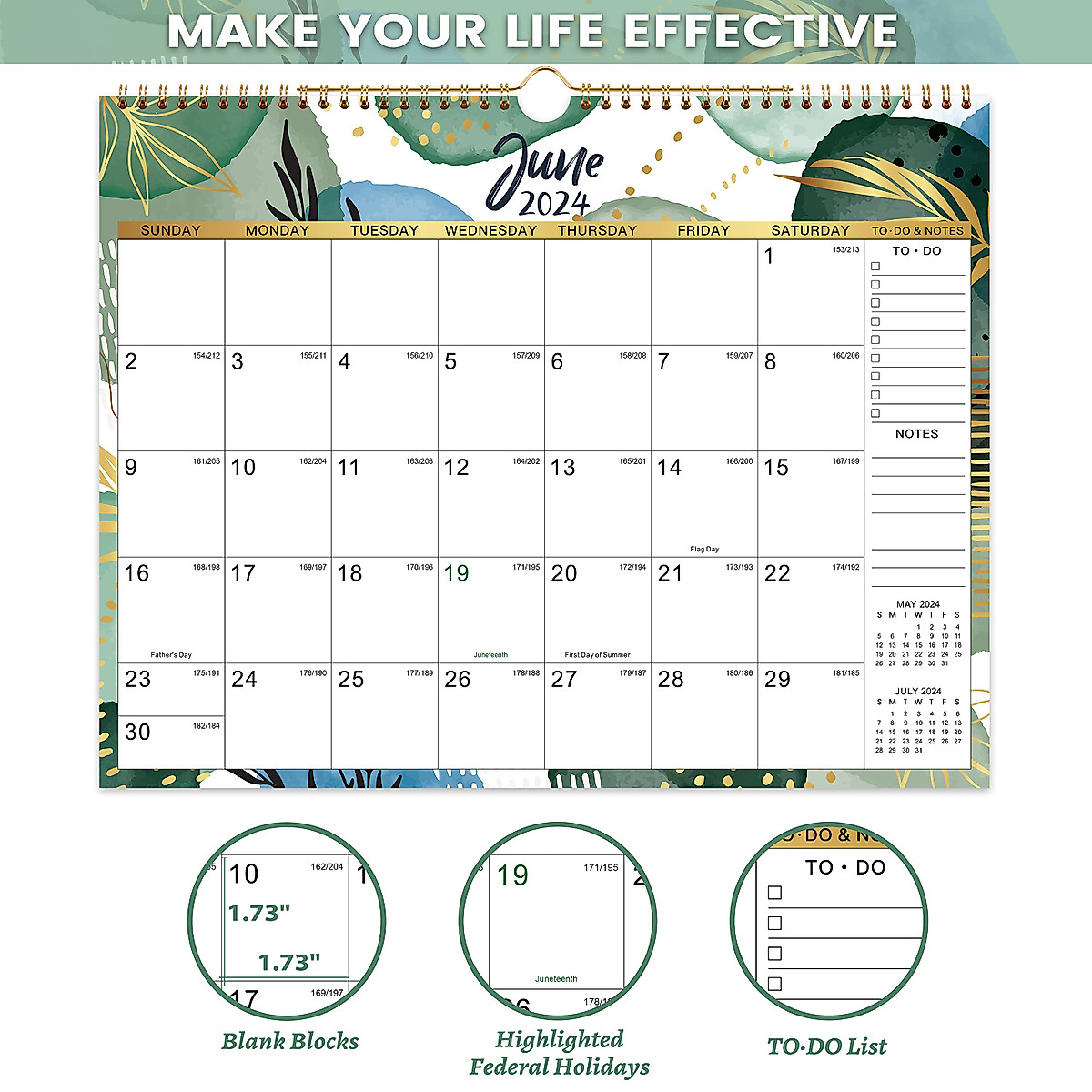 2023-2024 Calendar - July 2023 - Dec 2024, 11.6'' × 14.8'', Monthly Calendar 2023-2024, Spiral Bound, Hanging Hook, Premium Paper, Large Grids, Julian Dates