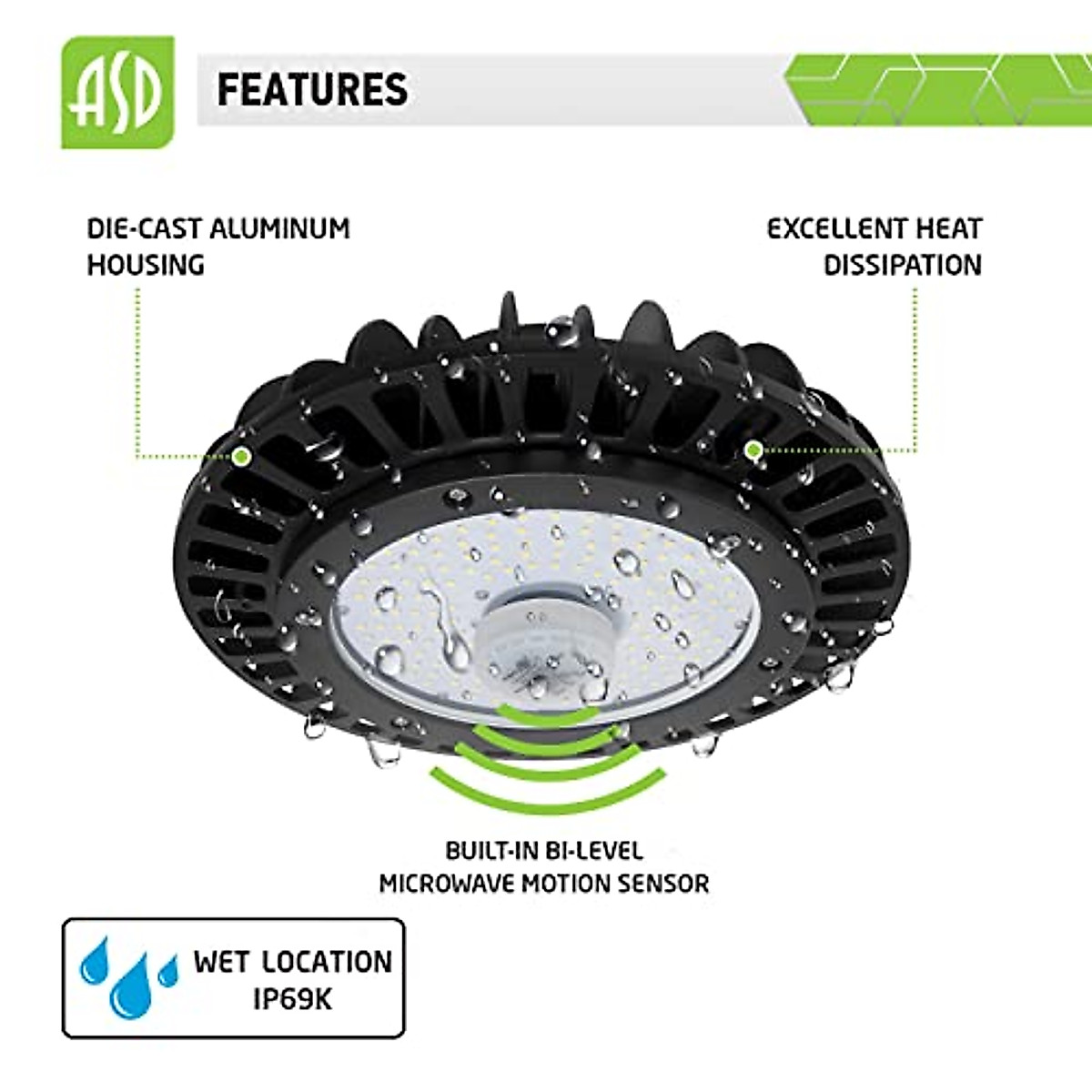 ASD UFO High Bay LED Shop Light Fixture with Motion Sensor, 150 watt 22912lm 5000K, 1-10V Dimmable, 120V 277V Work Light, Commercial Bay Lighting, Waterproof, Safety Cable Included UL/DLC Premium