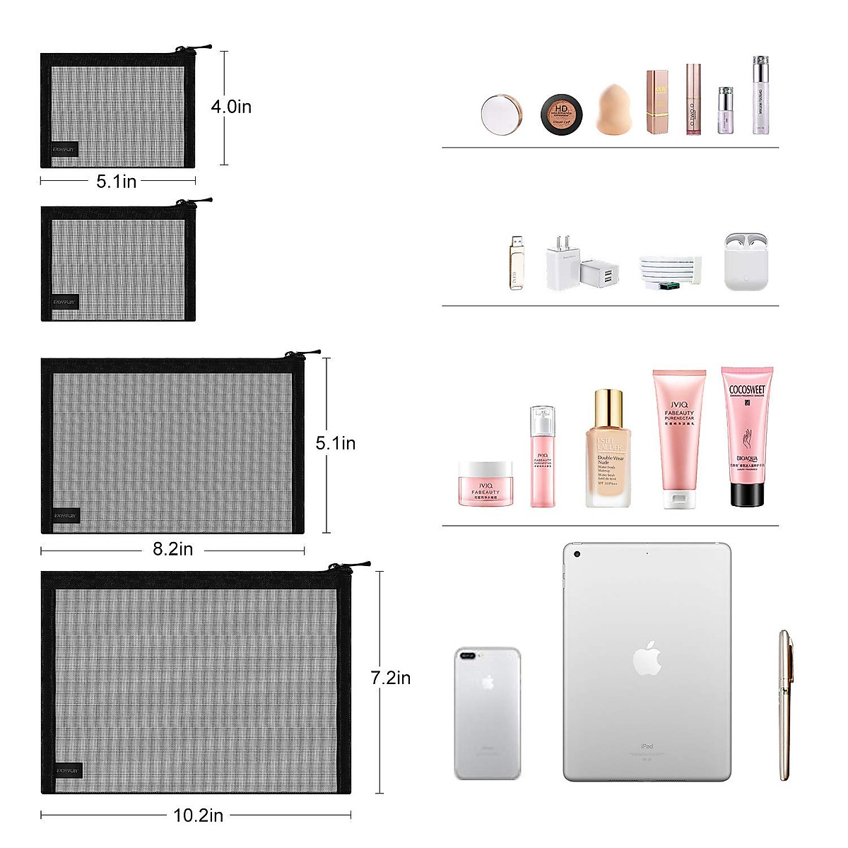 EASYFUN Mesh Pouch, Make up Bag with Zipper Cosmetic Organizer Pouch for Daily or Travel to Keep Small Items, 4 PCS Black