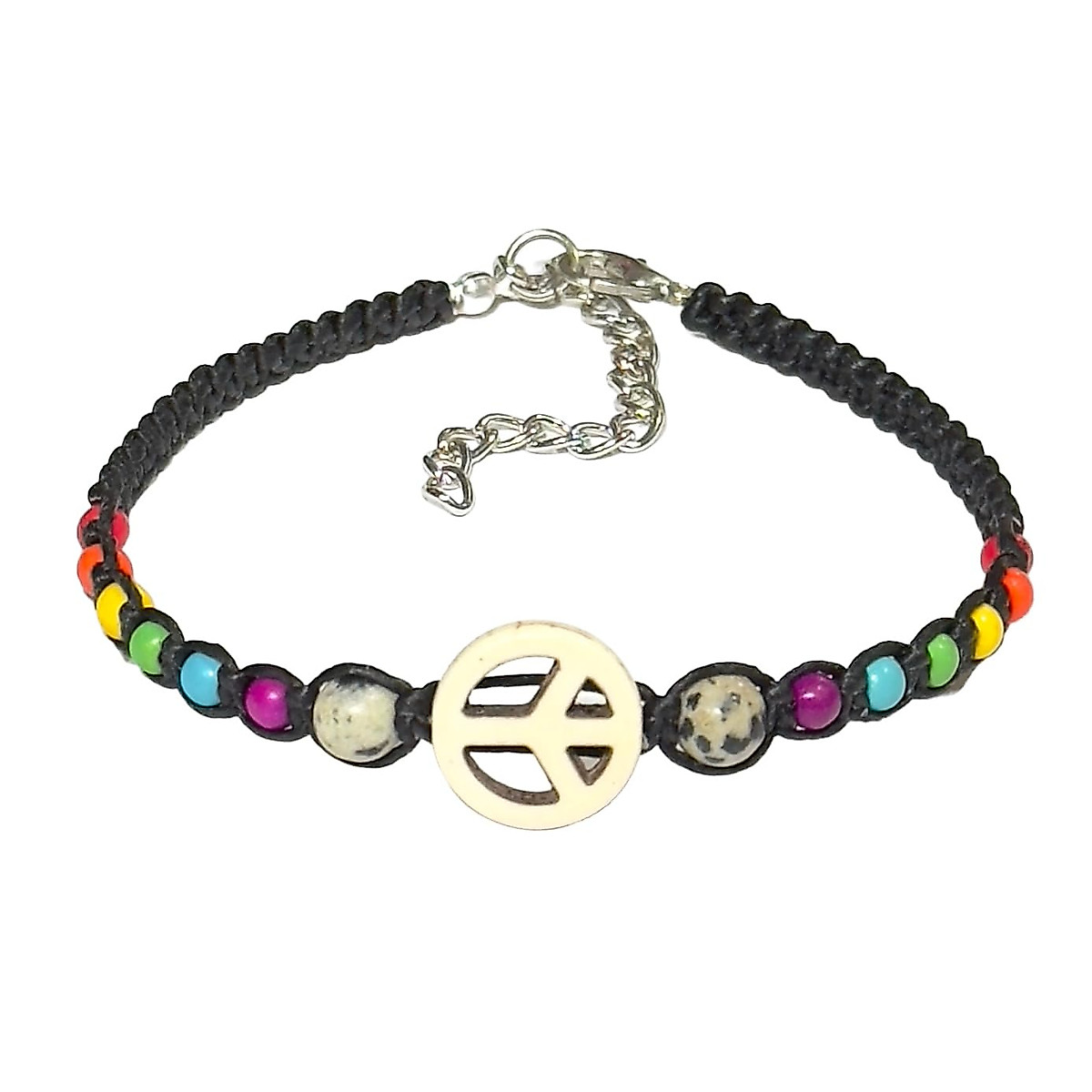 Nove Jewelry Leather Peace Sign Hemp Bracelet - Handmade Bracelet - Adjustable Bracelet (Raibbow White)