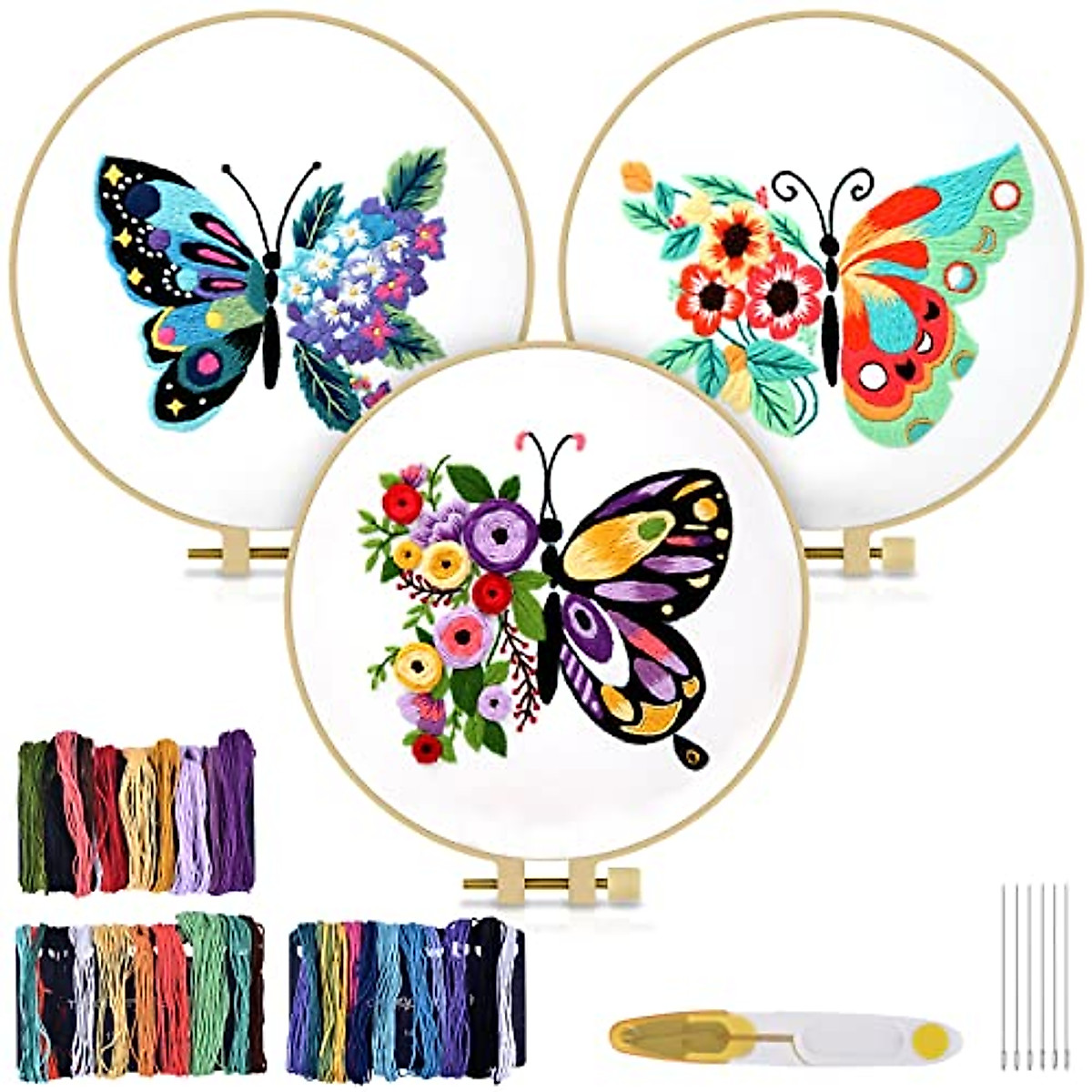 Butterfly Flower Embroidery Stitch Practice kit, 3 Sets Beginners Embroidery Kit for Beginners Include Embroidery Cloth Hoops Threads for Craft Lover Hand Stitch with Embroidery Skill Techniques