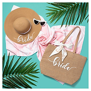 5 pc Bride Beach Bag Honeymoon Gift, Bachelorette Gifts for Bride, Bride to be Gifts, Bride Straw Sun Hat, Bag, Microfiber Towel, Silk Scarf, Sunglasses, Bridal Shower Gift (Bride Beach Gift Set)