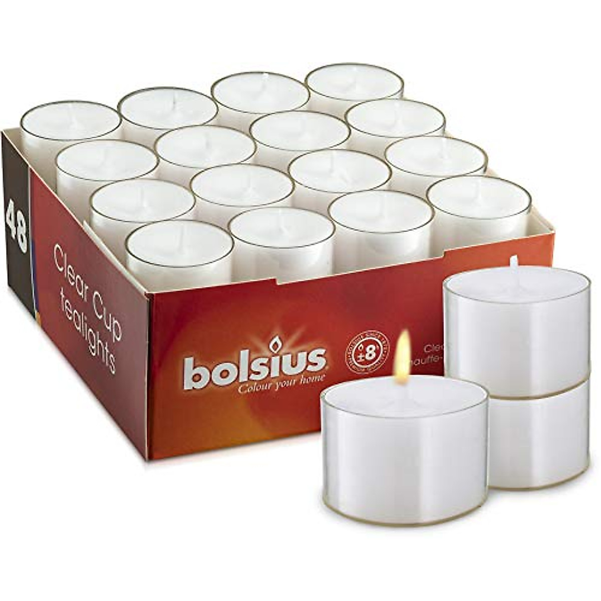 BOLSIUS 48 Unscented Tea Lights in Clear Cups - 8 Burn Hours - Premium European Quality - Consistent Smokeless Flame - 100% Cotton Wick - Dinner, Wedding, Party, Spa, Church, & Home Décor Tealights