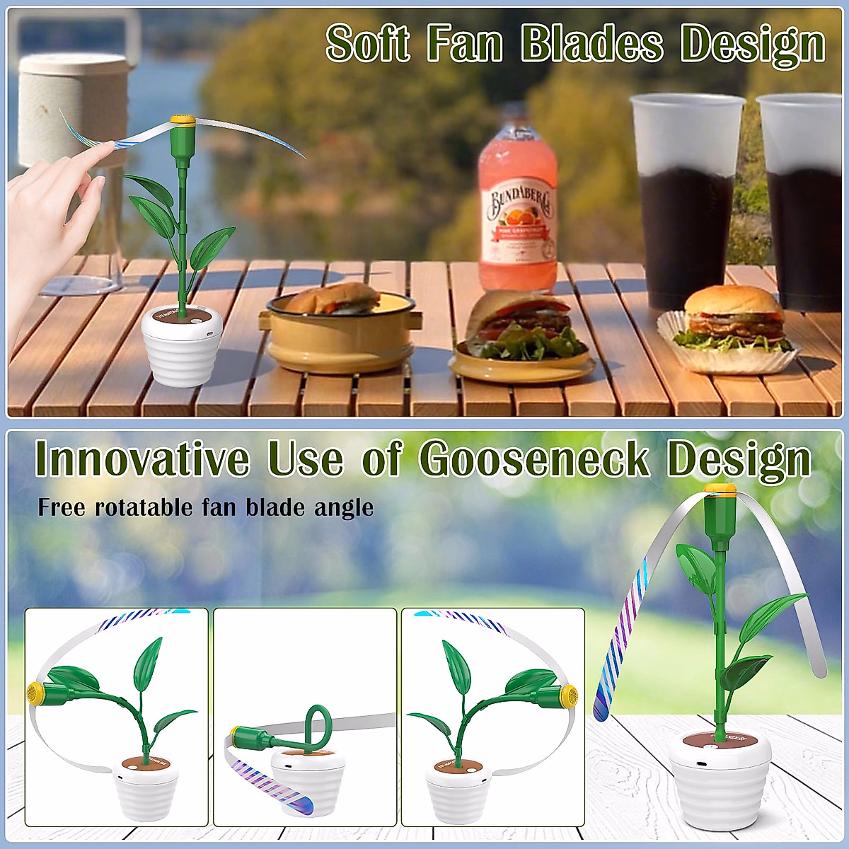 Fly Fans for Tables, Flowerpot Modeling Fly Repellent Outdoor Indoor, Portable Tabletop Fly Fan, Food Fans for Camping, Picnic, Fishing, USB & Battery Powered (4 Packs)