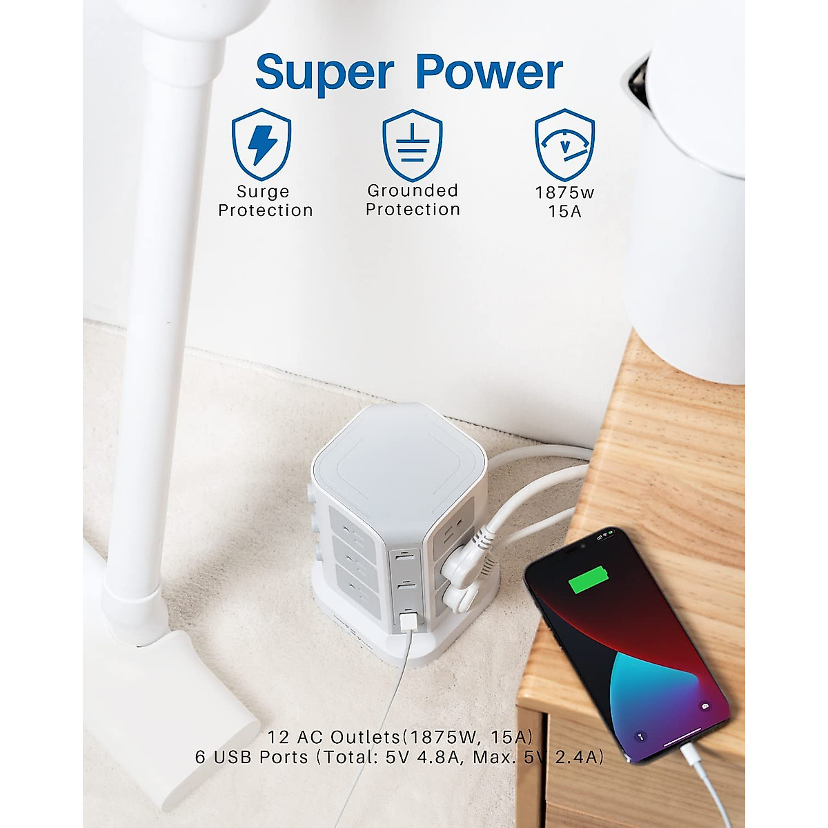 Surge Protector Tower 12 AC Outlets 6 USB Ports + Small Power Strip 2 AC Outlets 3 USBs