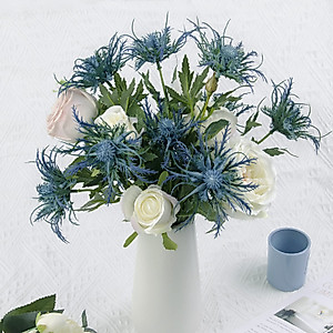 LUZOGA 3 Branch Blue Artificial Thistle Flower Bouquet for Home Wedding Centerpiece Kitchen Office Garden Decor