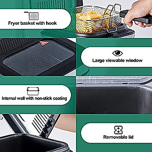 Deep Fryer CUSIMAX Electric Deep Fryer with Basket and Drip Hook, 2.6Qt Oil Capacity Fish Fryer, Removable Lid with View Window and Filter, Stainless Steel fryers, 1200W